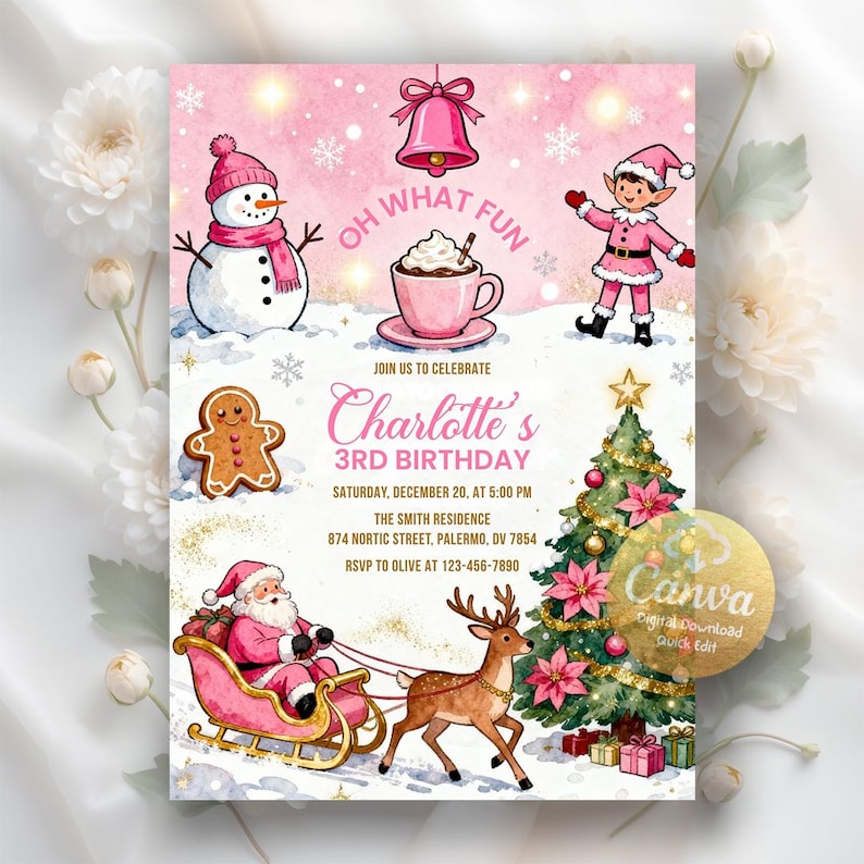 Oh What Fun Christmas Party Invitation, Kids Birthday Pink Christmas ...