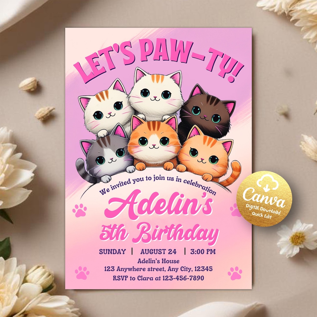Cat Themed Birthday Invitation, Cat Party Invite, Cat Birthday ...