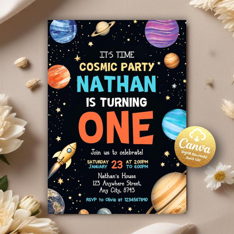 Outer Space Birthday Invitation, Planets Rocket Ship Astronaut ...