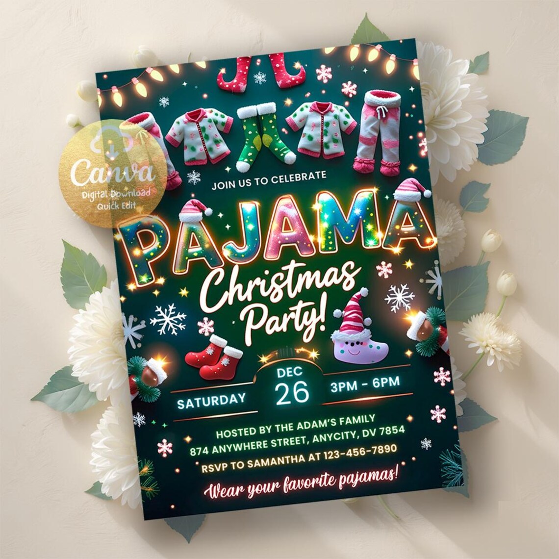 Christmas Pajama Party Invitation, Christmas Party Invitation, Pajamas ...