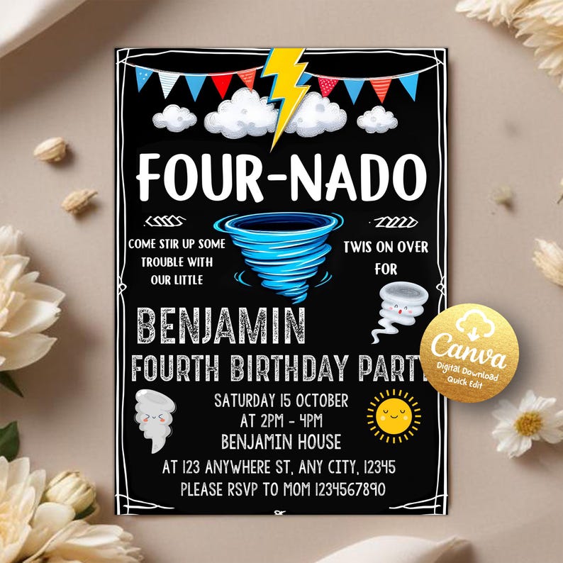 Fournado Birthday Invitation, Tornado Birthday Invitations, Twonado ...