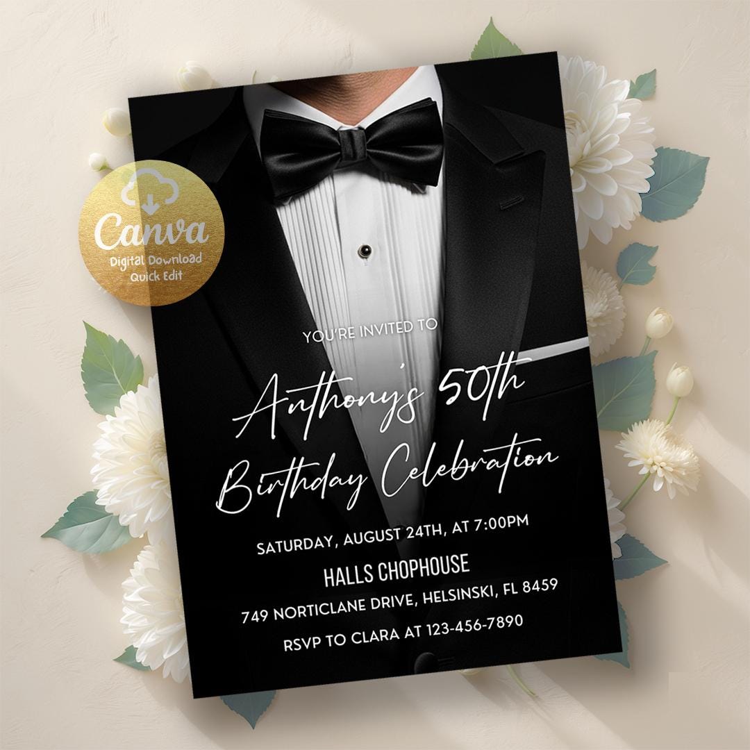 Tuxedo Birthday Invitation, Formal Party Invite, Black Tie Theme ...