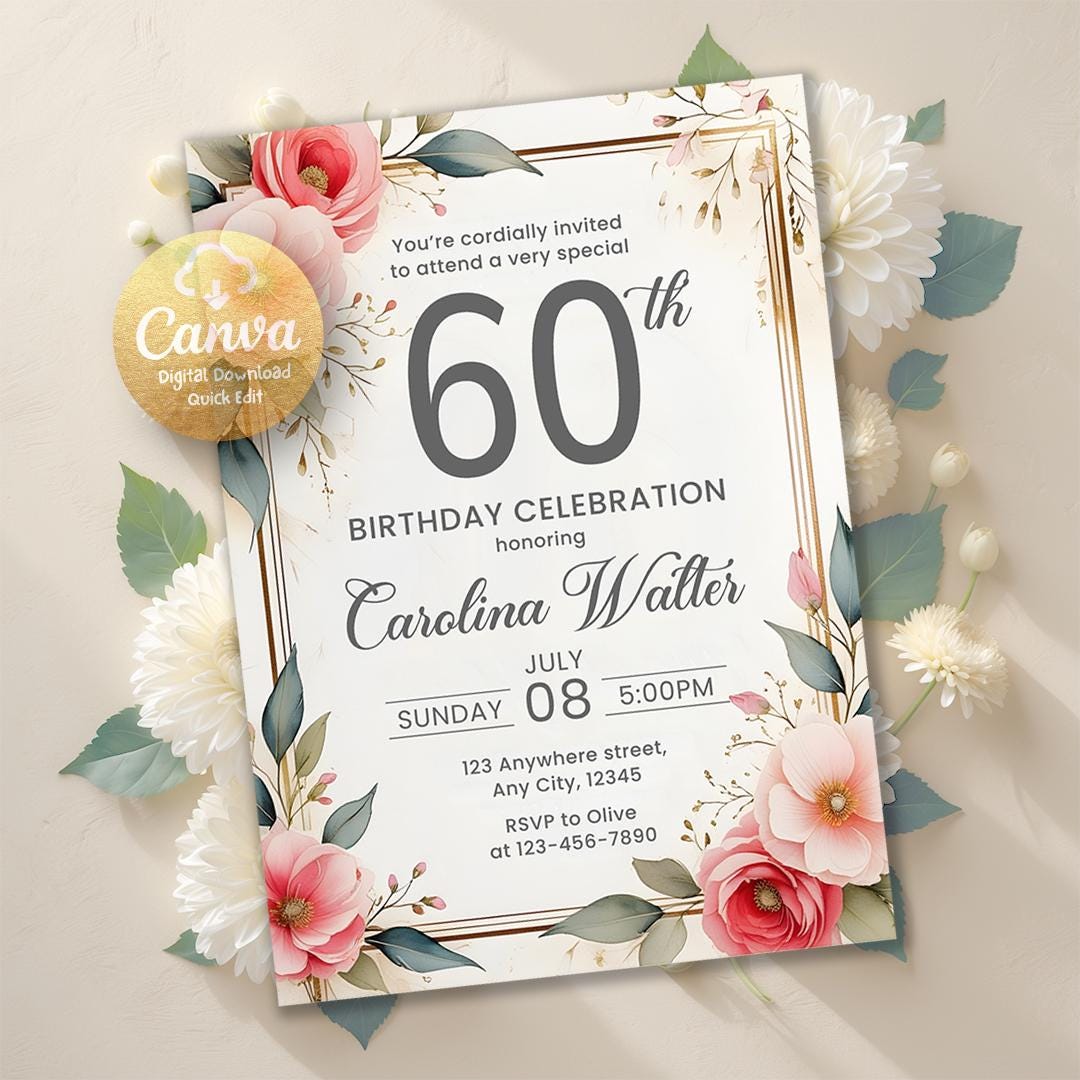 60th Birthday Invitation, Women Birthday Invitation, Floral Birthday ...