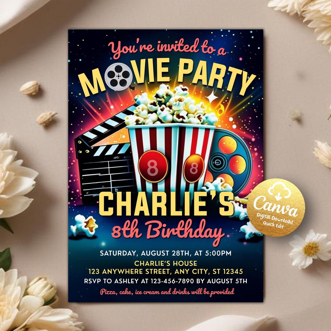 Movie Birthday Invitation, Boy or Girl Movie Theater Birthday Party ...