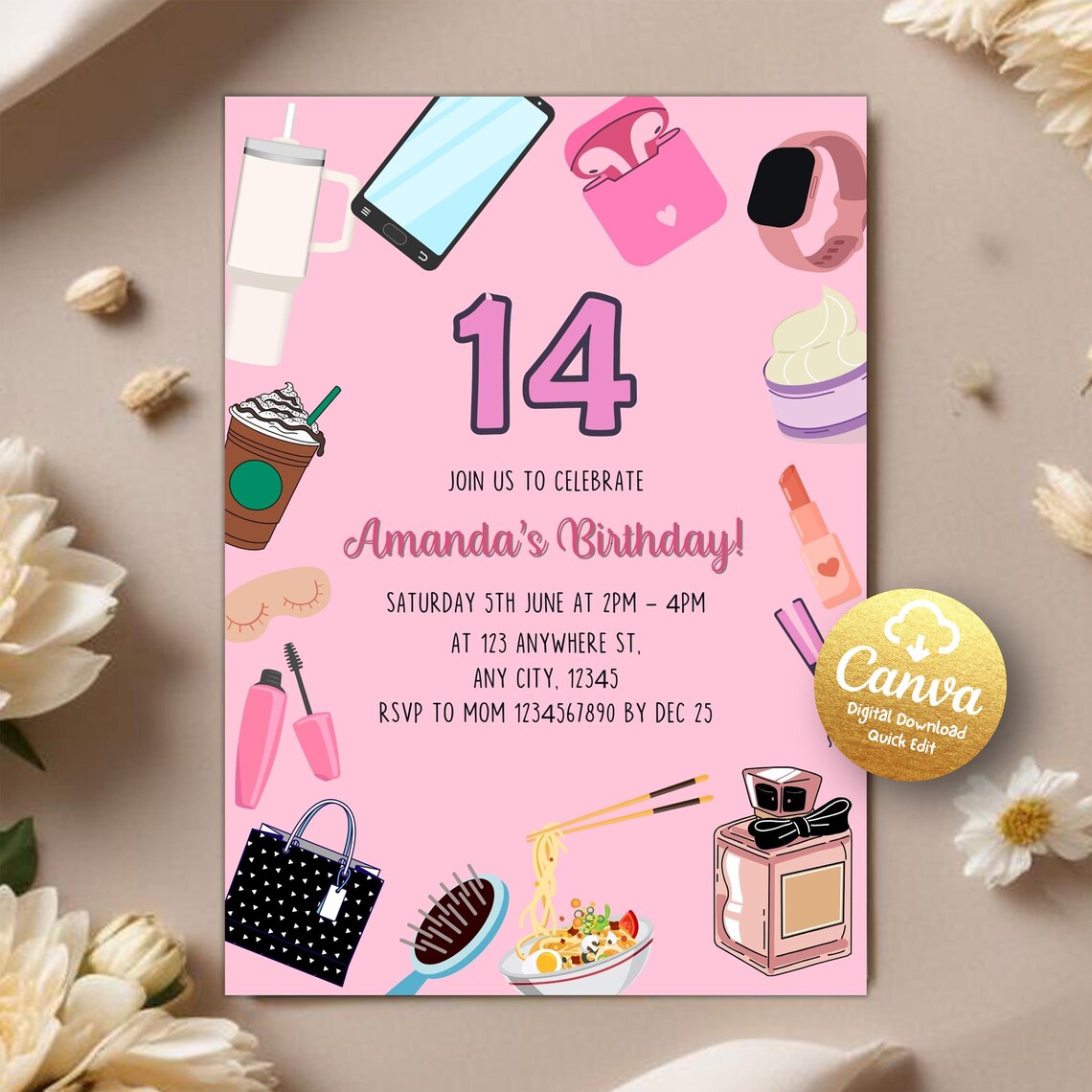 VSCO Birthday Invitation, Girl Make Up, Girl Party Invite, Teen Girl ...