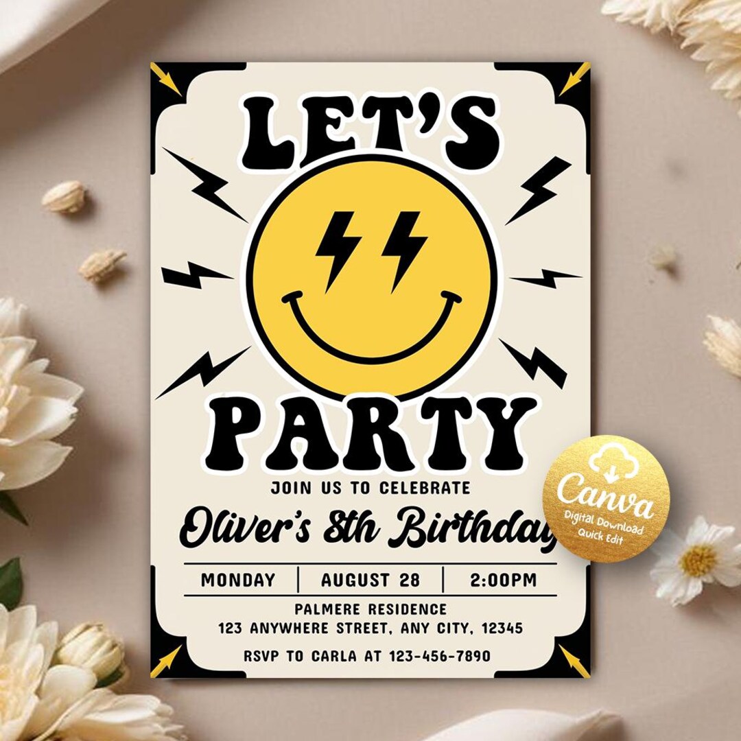 Smile Face Groovy Birthday Invitation, Retro Happy Dude Any Age ...