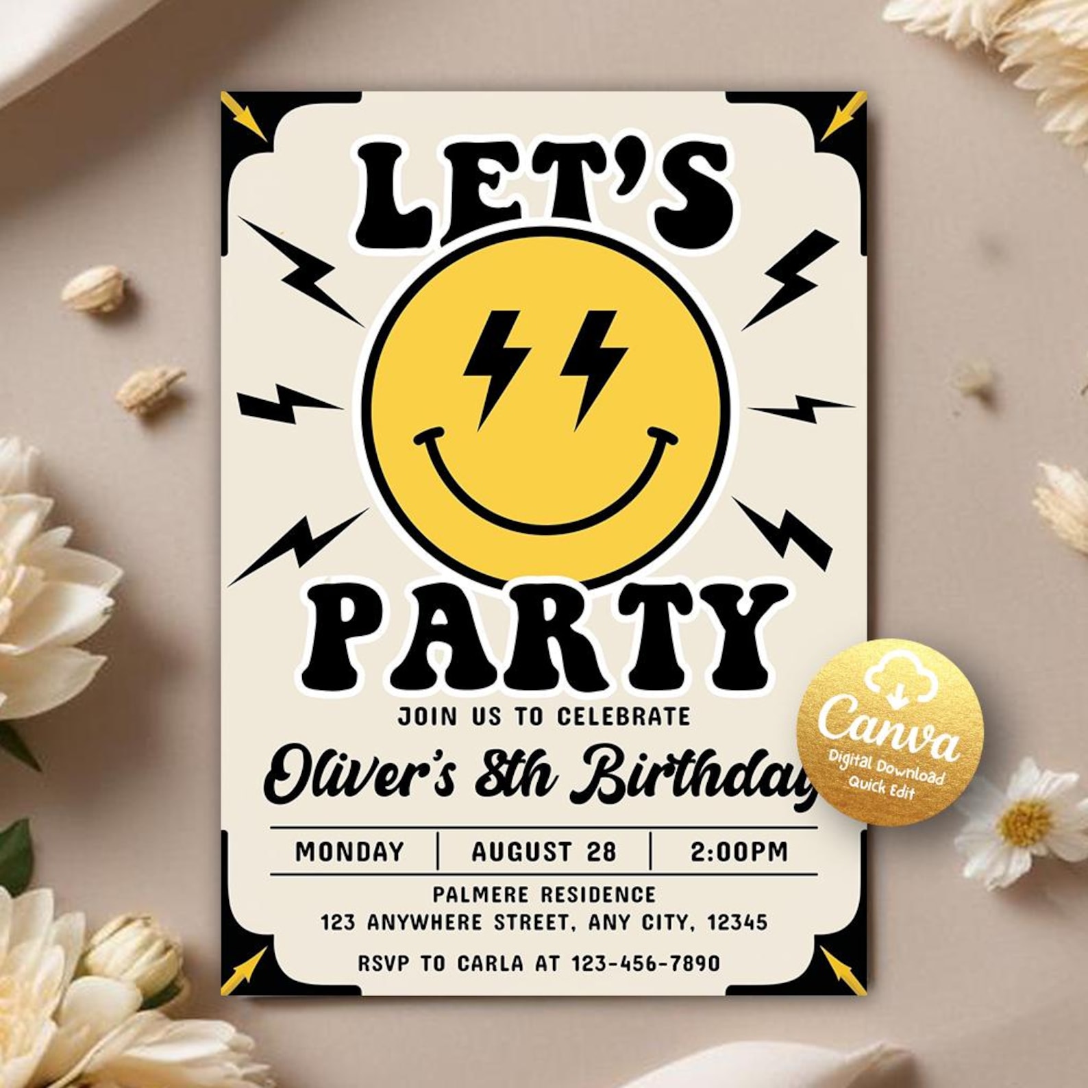 Smile Face Groovy Birthday Invitation, Retro Happy Dude Any Age ...