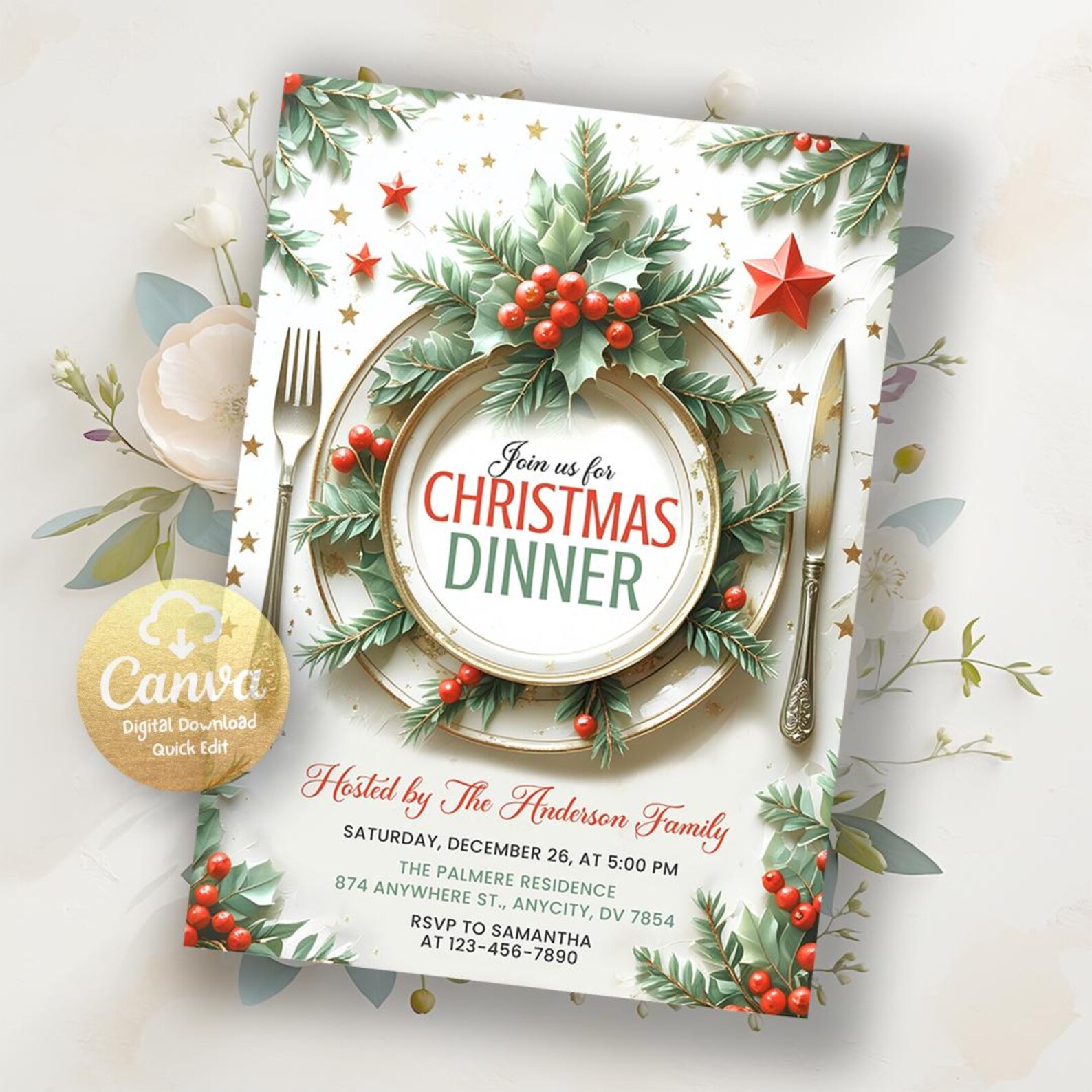 Christmas Dinner Invitation, Holiday Party Invitation, Christmas ...