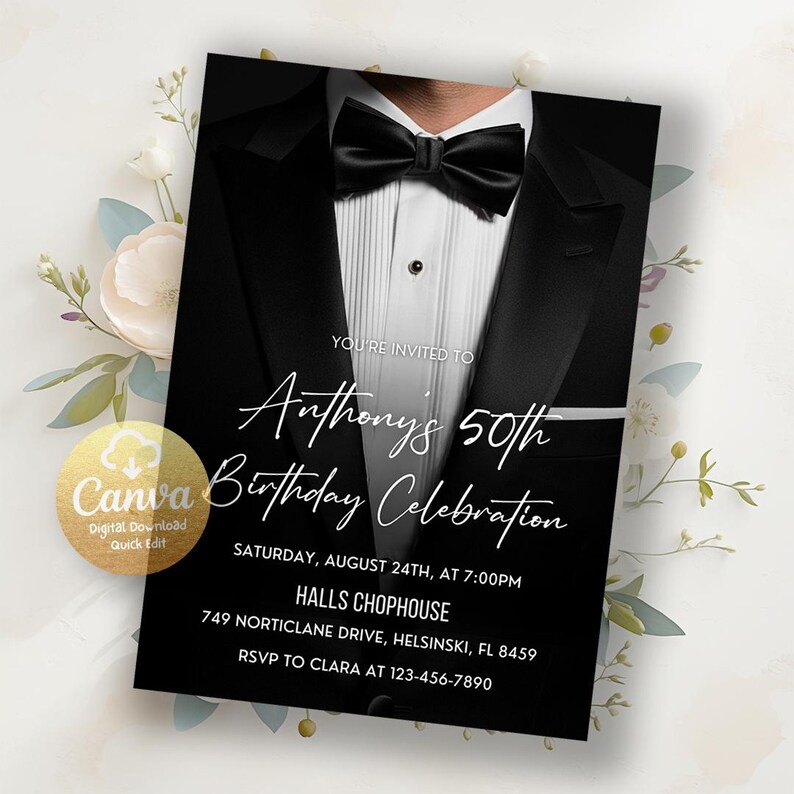 Tuxedo Birthday Invitation, Formal Party Invite, Black Tie Theme ...
