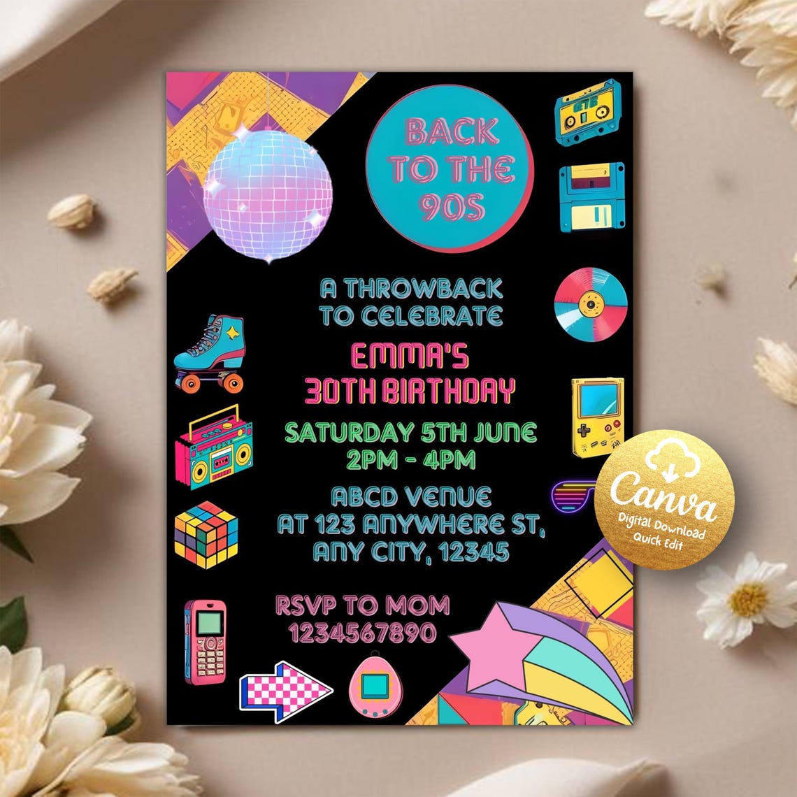 Editable 90s Birthday Invitation, 90s Birthday Party, 90s Party Invite ...