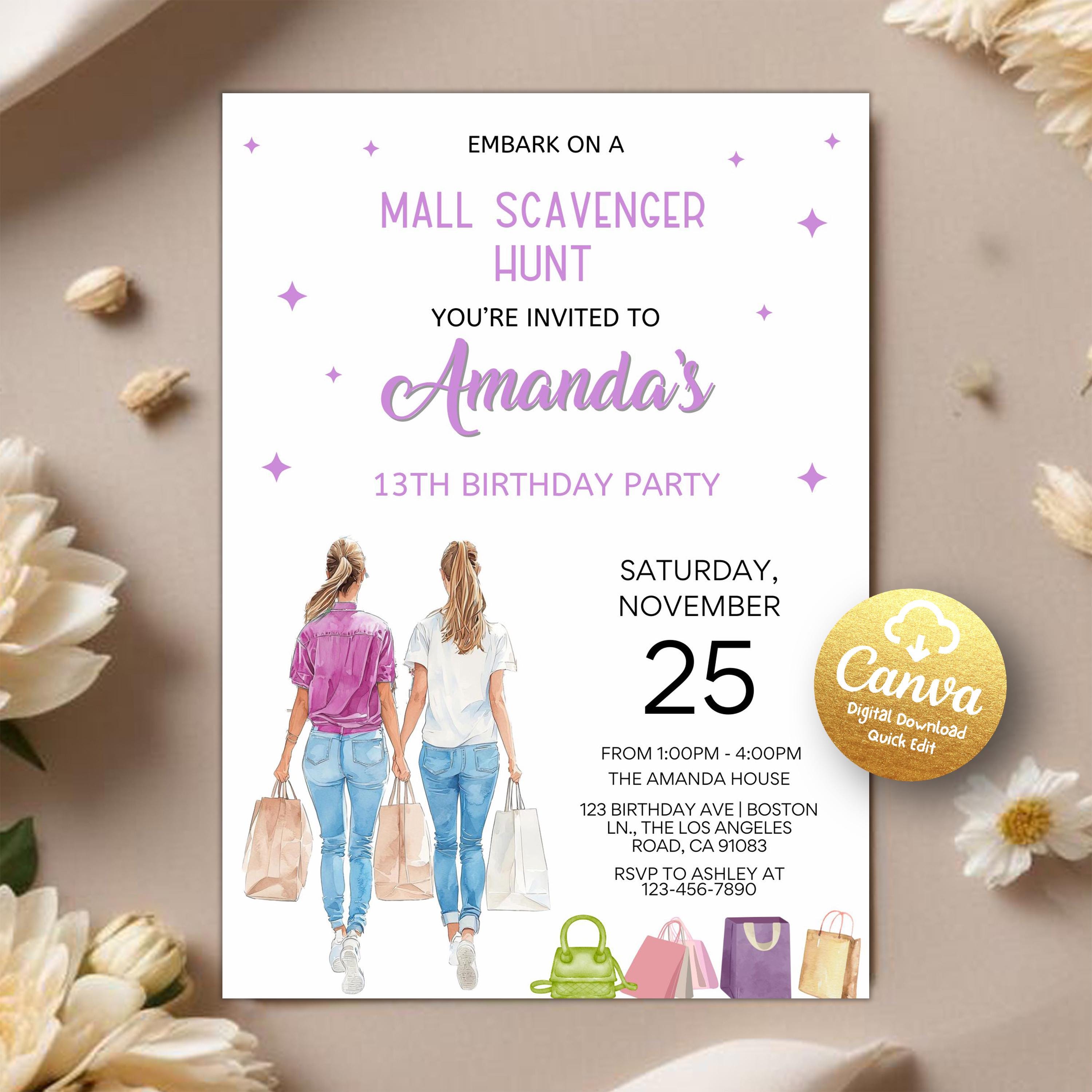 Mall Scavenger Hunt Invitation Template, Mall Party Invitation, Teen ...