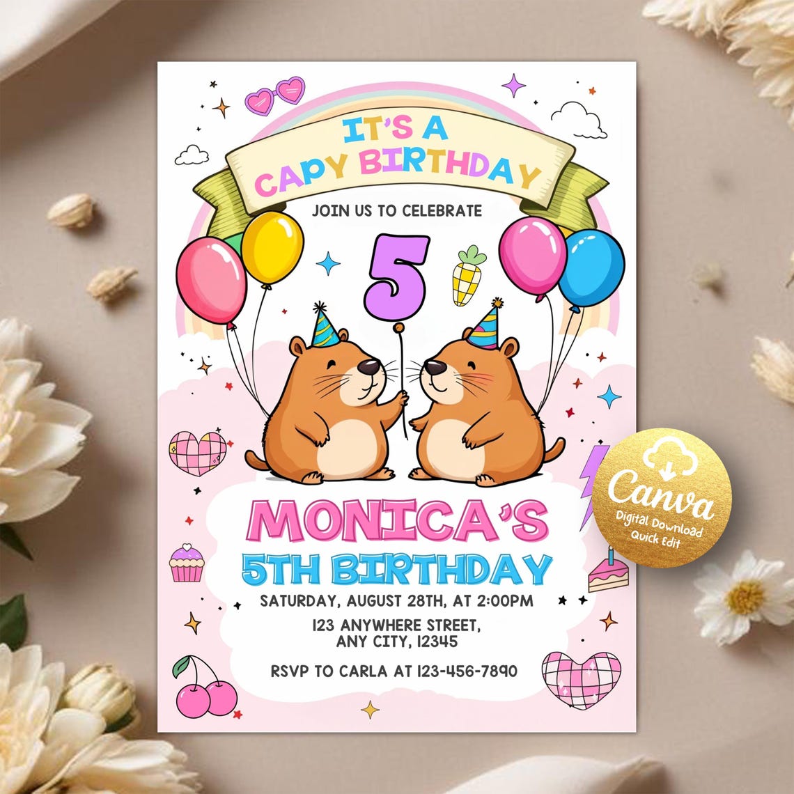Capybara Birthday Invitation, Cute Pink Capy Birthday, Preppy Smile ...
