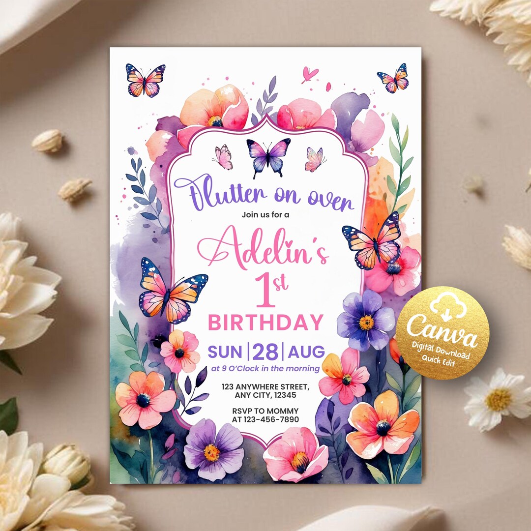 Butterfly Birthday Invitation, Pink Purple Butterfly Birthday Invite ...