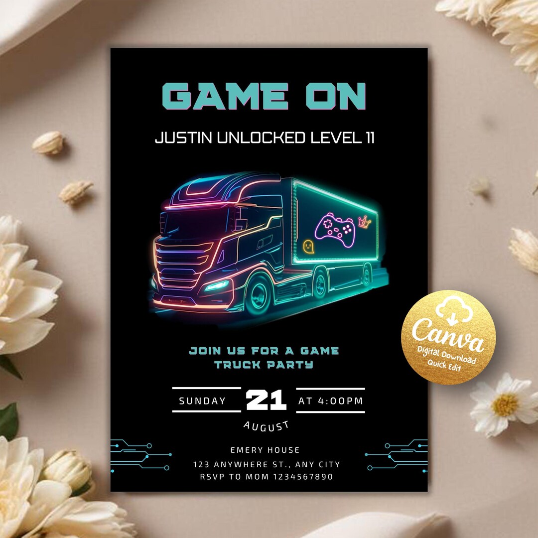 Video Game Truck Birthday Party Invitation, Editable Game Truck Party ...