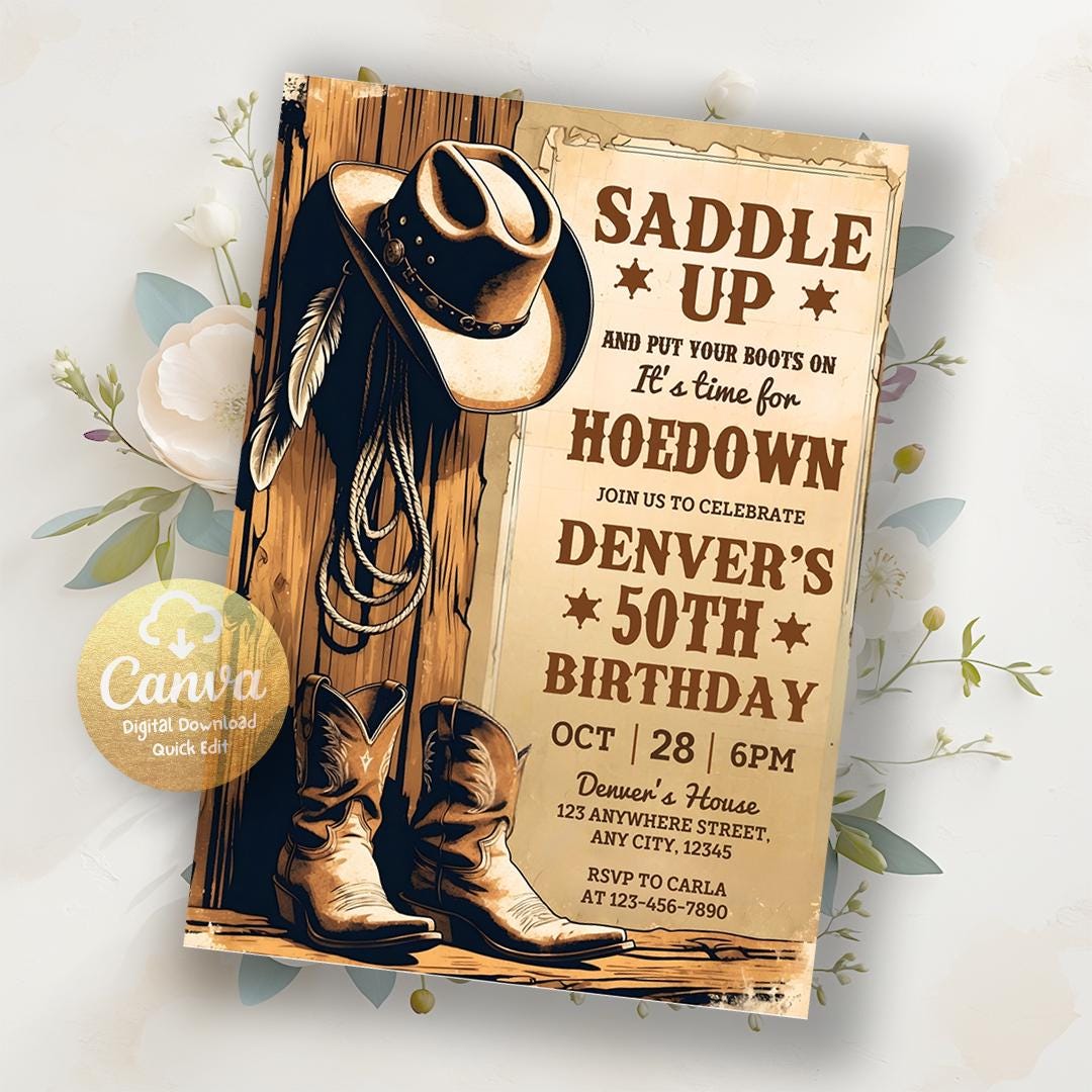 Editable Cowboy Birthday Invitation, Country Western Invitation, Rustic ...