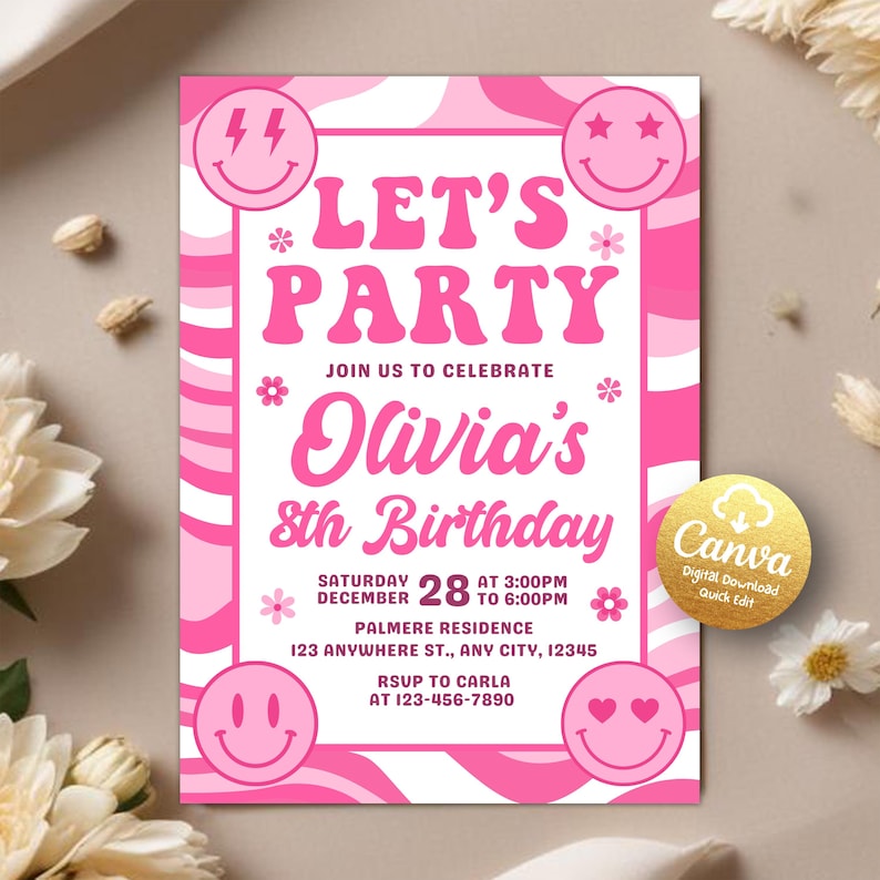 Pink Retro Smiley Invitation, Teen Girl Birthday Invite, Preppy Smile ...