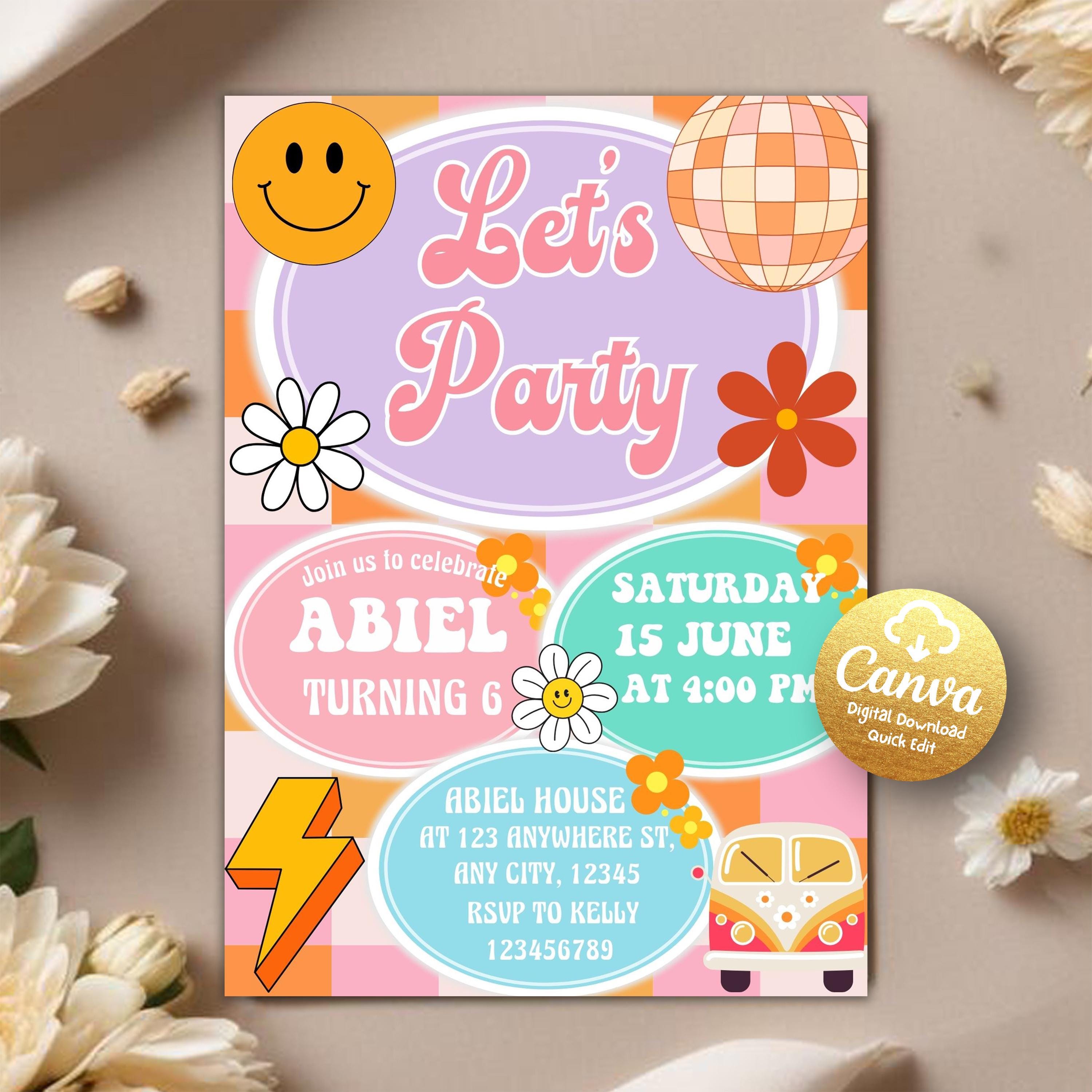 Editable Groovy Birthday Invitation, Let's Get Groovy Invitation, Smile ...