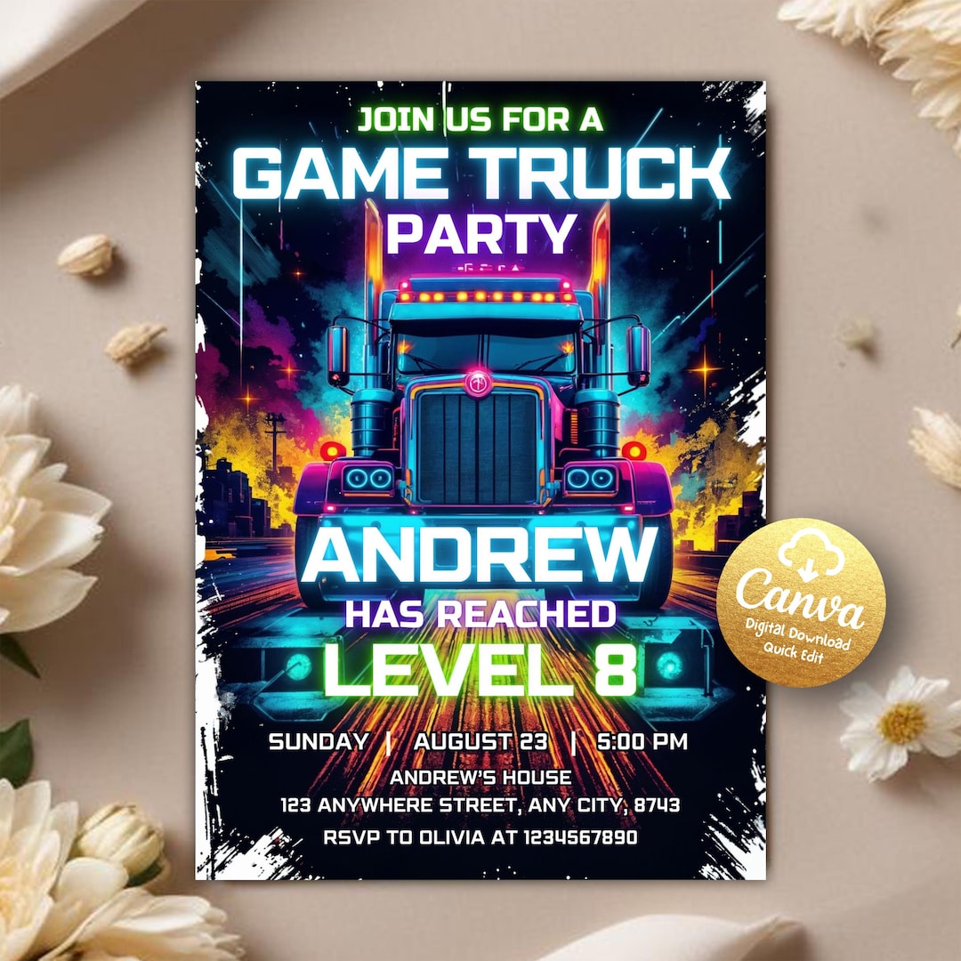 Video Game Truck Birthday Party Invitation, Editable Game Truck Party ...