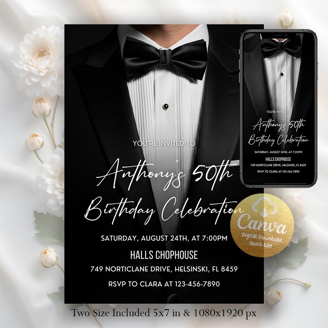 Tuxedo Birthday Invitation, Formal Party Invite, Black Tie Theme ...