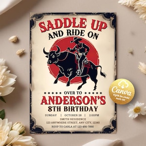 Bull Rodeo Birthday Invitation, Cowboy Birthday Party Invitation, Bull ...