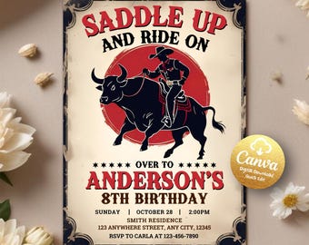 Bull Rodeo Birthday Invitation, Cowboy Birthday Party Invitation, Bull ...