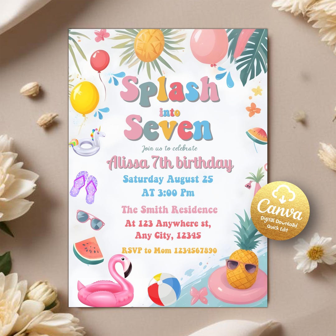 Editable Splash Into Seven 7th Birthday Invitation, Tropical Summer ...