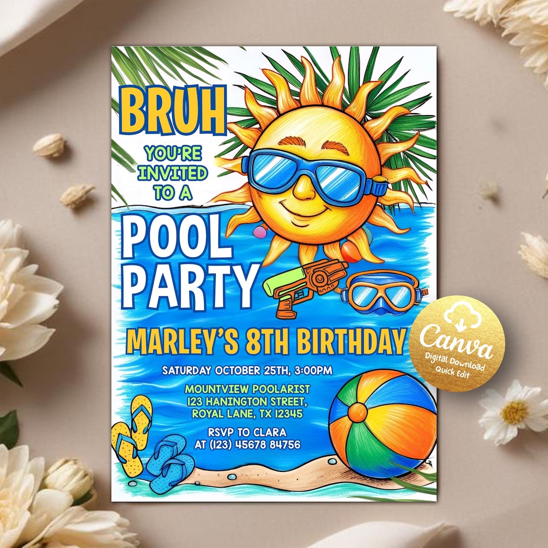Bruh Birthday Invitation, Boy Pool Birthday Party Invitation, Boy ...