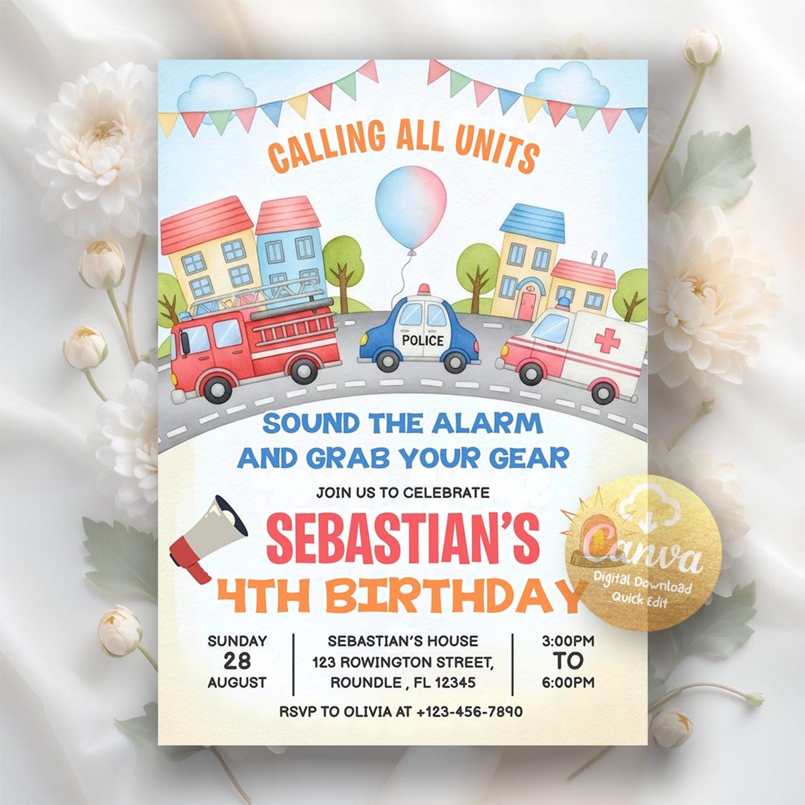 Emergency Vehicles Birthday Invitation, First Responders Birthday ...