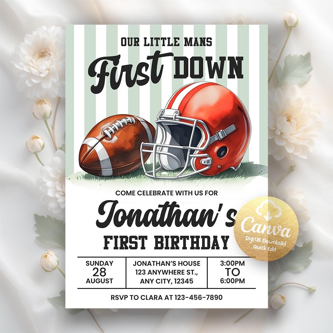 Football Birthday Invitation, First Year Down, Football Birthday, First ...