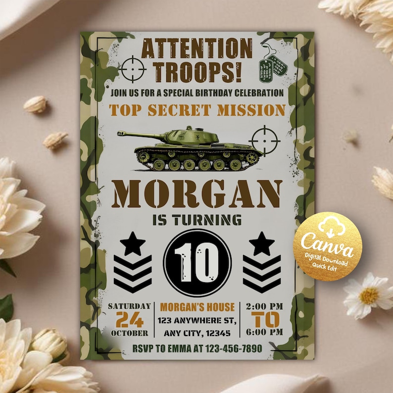 Army Birthday Invitation, Military Party Invitations, Soldier Birthday ...