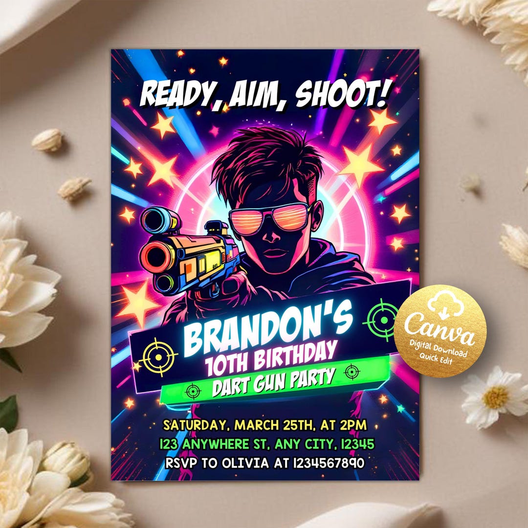 Dart Guns Birthday Invitation, Dart Gun Party, War Birthday Party, Dart ...