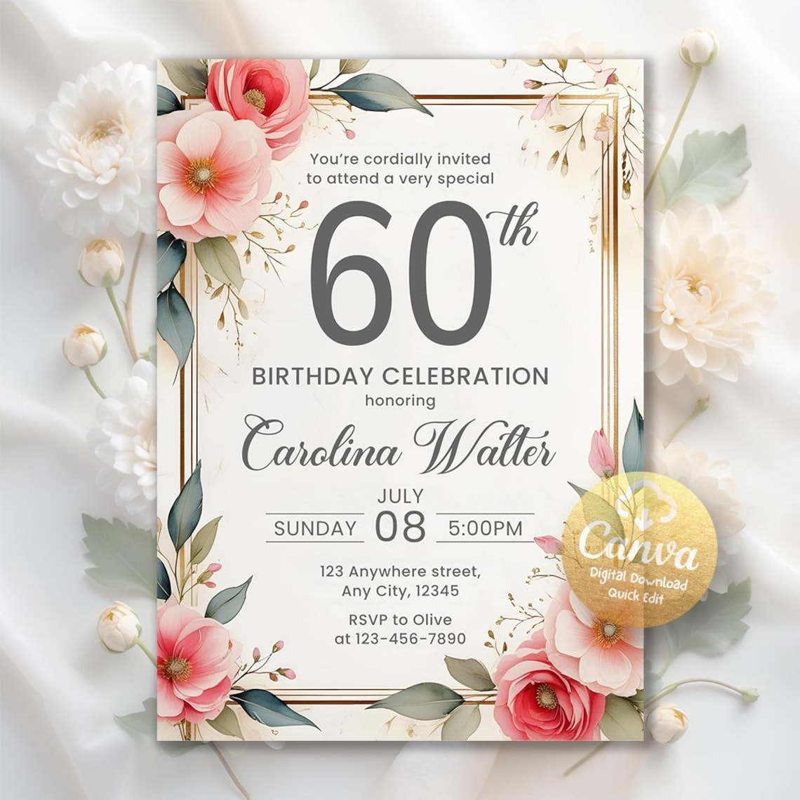 60th Birthday Invitation, Women Birthday Invitation, Floral Birthday ...