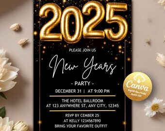 Editable New Years Eve Invitation, New Year Party, 2025, Canva Template ...