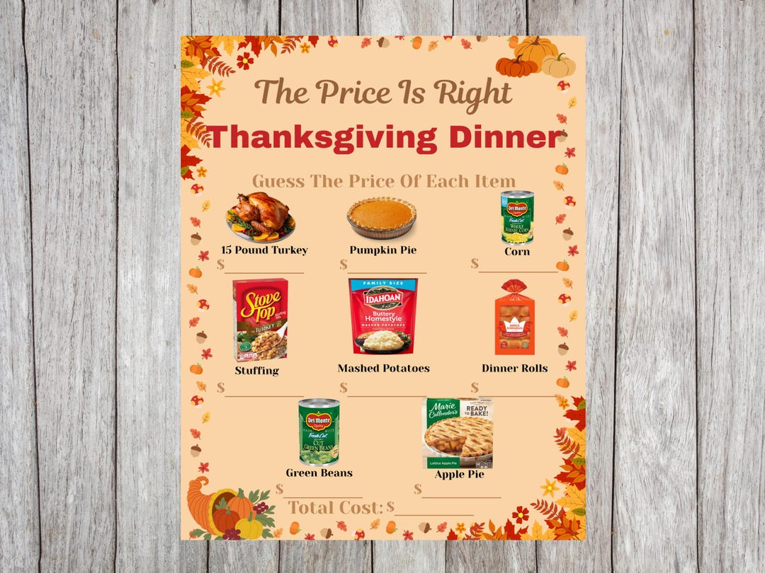 Thanksgiving Price is Right Game Printable Holiday Dinner Guessing Game ...