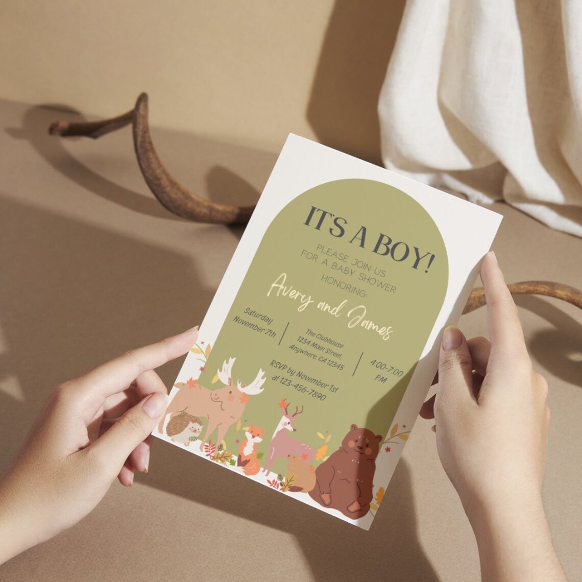 Woodland Creatures Baby Shower Invitation, Cute Forest Green Nature ...