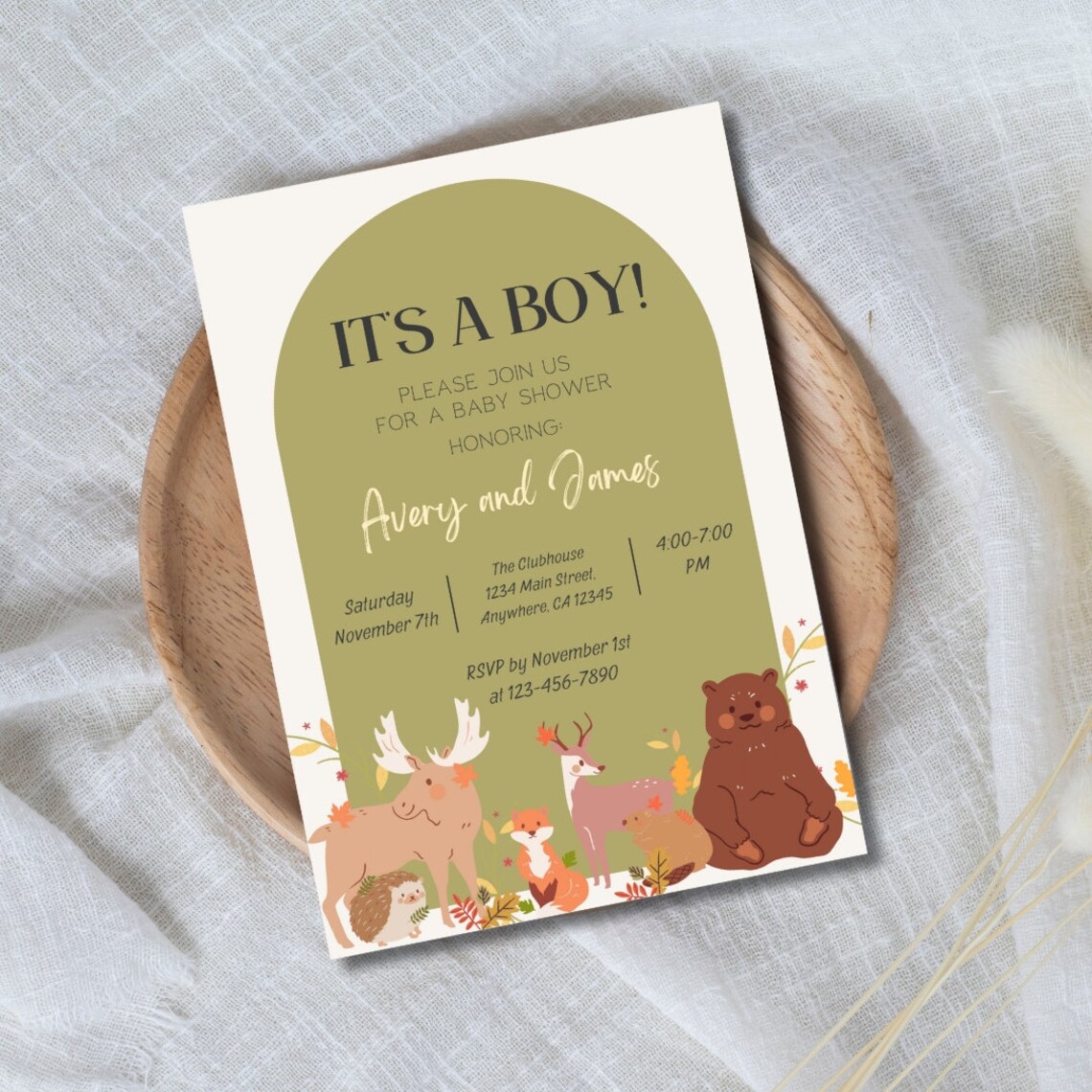 Woodland Creatures Baby Shower Invitation, Cute Forest Green Nature ...