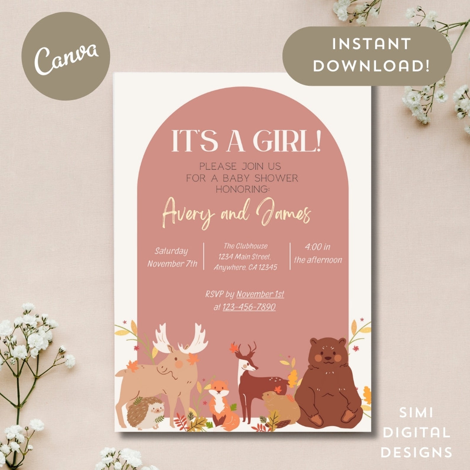 Woodland Creatures Baby Shower Invitation, Cute Forest Green Nature ...