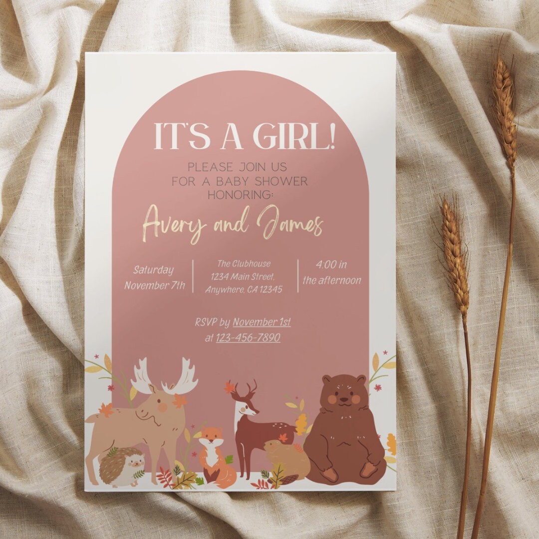 Woodland Creatures Baby Shower Invitation, Cute Forest Green Nature ...