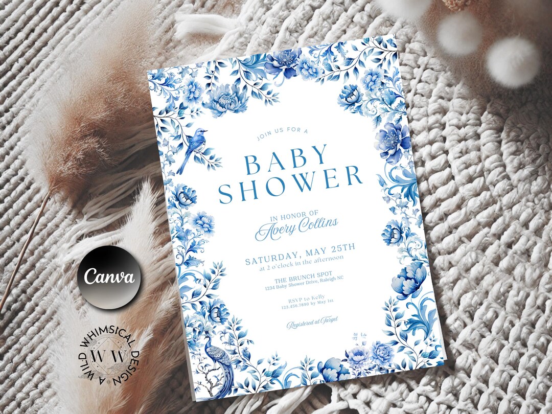 Blue Chinoiserie Baby Shower Invitation EDITABLE Vintage Elegant Blue ...