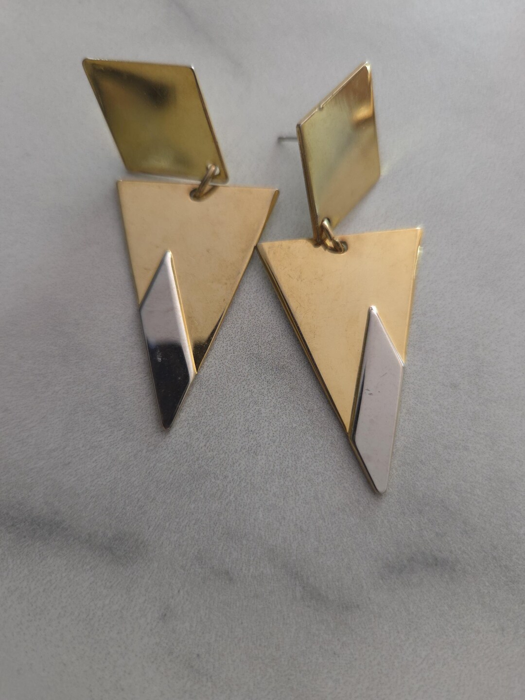 Vintage Two Tone Geometric Diamond Triangle Drop Post Earrings for ...