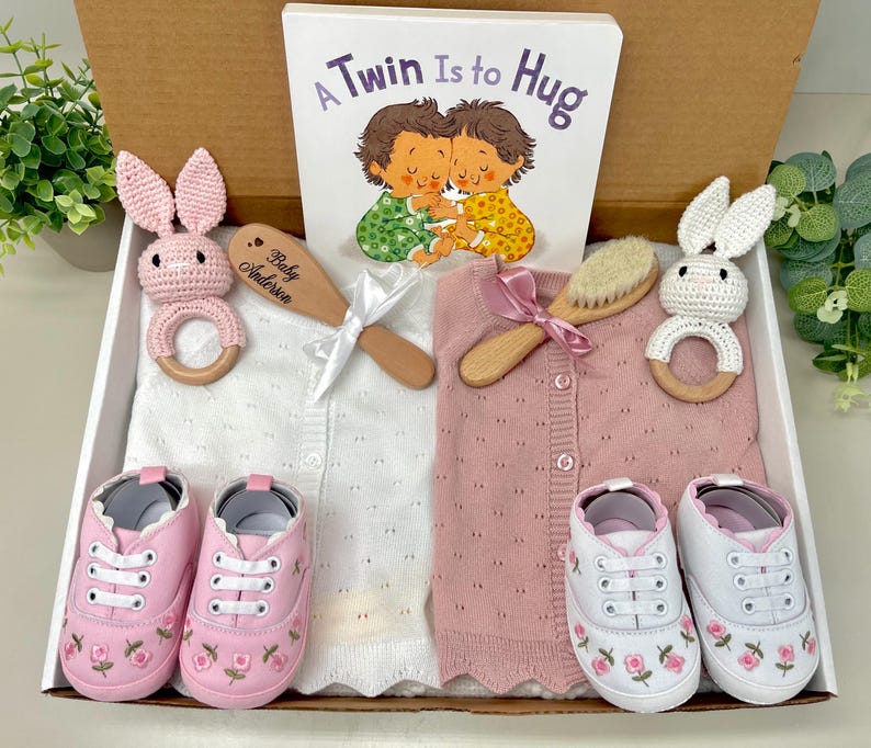 Twins Baby Girl Gift Box: Cardigans, Shoes, Rattles & Book - Etsy
