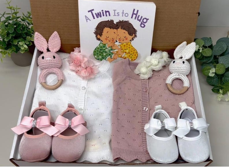 Twins Baby Girl Gift Box: Cardigans, Shoes, Rattles & Book - Etsy