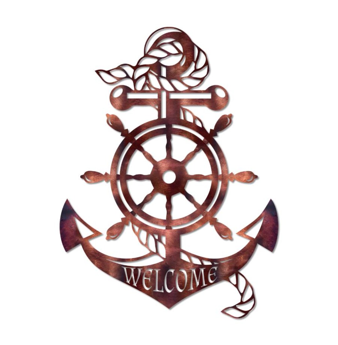 Rudder and Anchor Welcome Metal Wall Art, Copper Nautical Decor, Plasma ...
