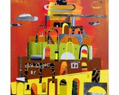 Items similar to BABEL....Red Yellow Black Modern Tower of Babel Art ...