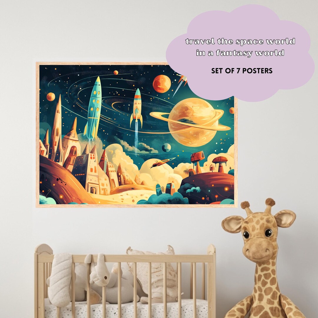 Outer Space Adventure Posters for Kids Room Set of 7 Fantasy Space Art ...