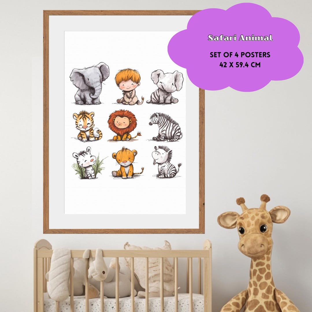 Safari Animal Posters for Kids Set of 4 Adorable Nursery Wall Art ...