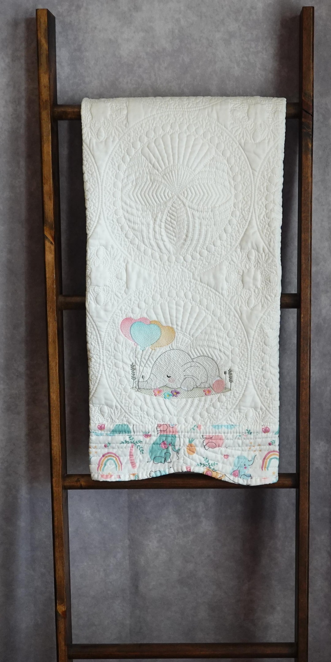 Baby Elephant With Balloons, Heirloom Quilt, Scalloped Elephant Trim ...