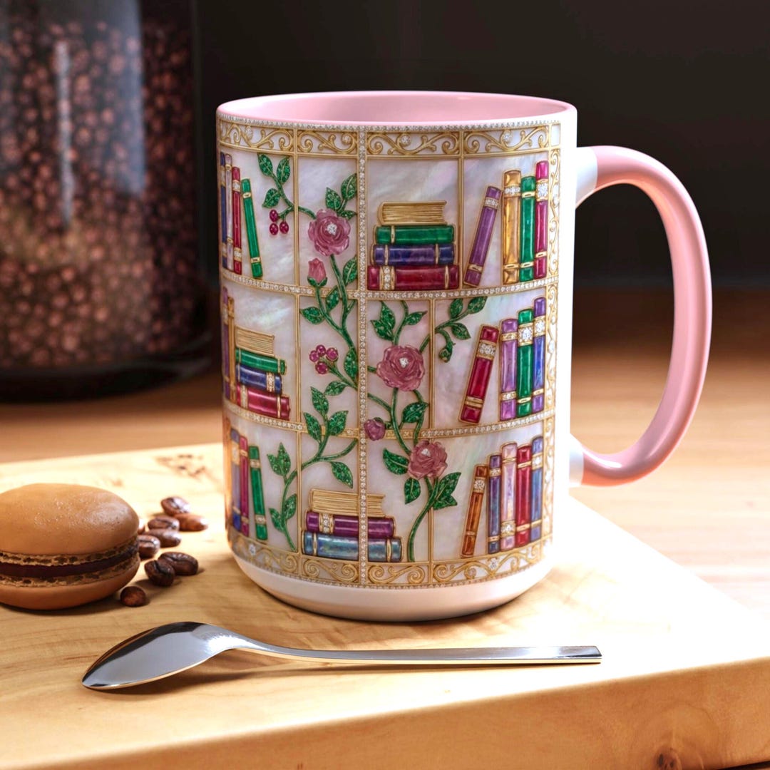 Stained Glass Bookshelf Mug, Floral Book Lover Coffee Cup, Vintage ...