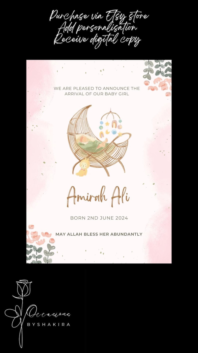 Personalised Digital Muslim Baby Girl Announcement Card | New Baby ...