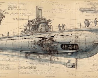 Type VII U-boat Print, Vintage WW2 German Navy Wall Art, Submarine ...
